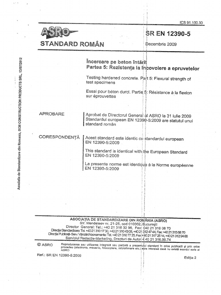 SR EN 12390-5.2009 Incercarea Pe Beton Intarit. 5. Rezistenta La Incovoiere A Epruvetelor | PDF