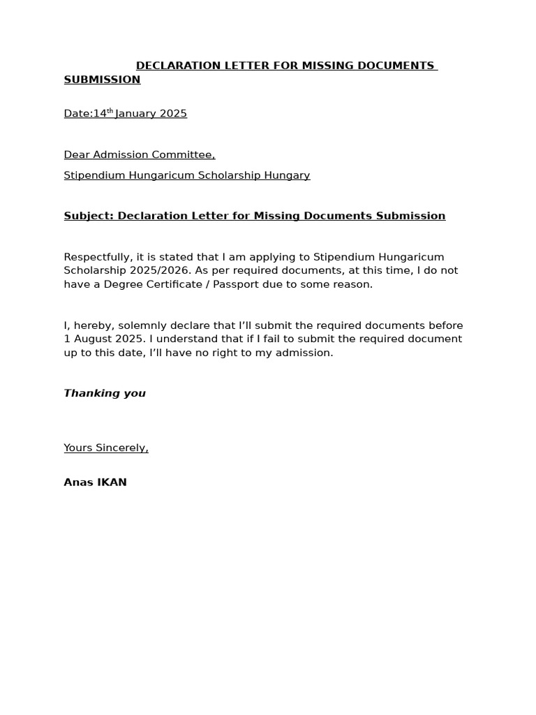 Declaration Letter For Missing Documents Submission | PDF