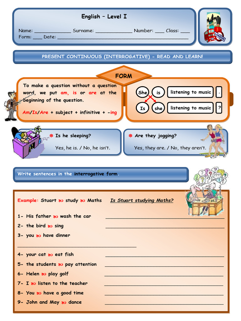 Present Continuous Interrogative Practice | PDF | Question