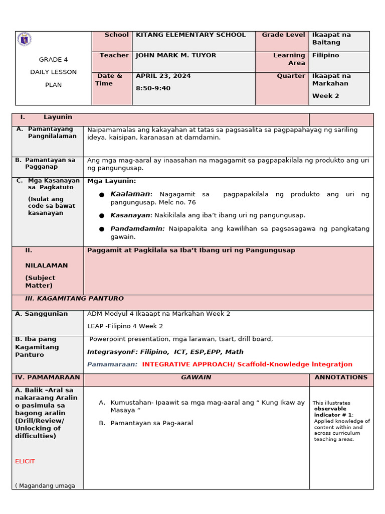 Cot - Filipino 4 Q4 W2 | PDF