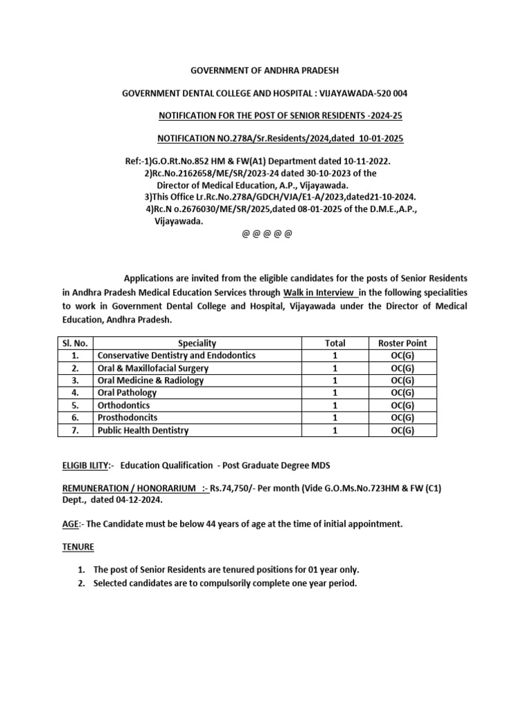 GDCH VJA SR Notification 2024 2025 | PDF | Dentistry | Medicine