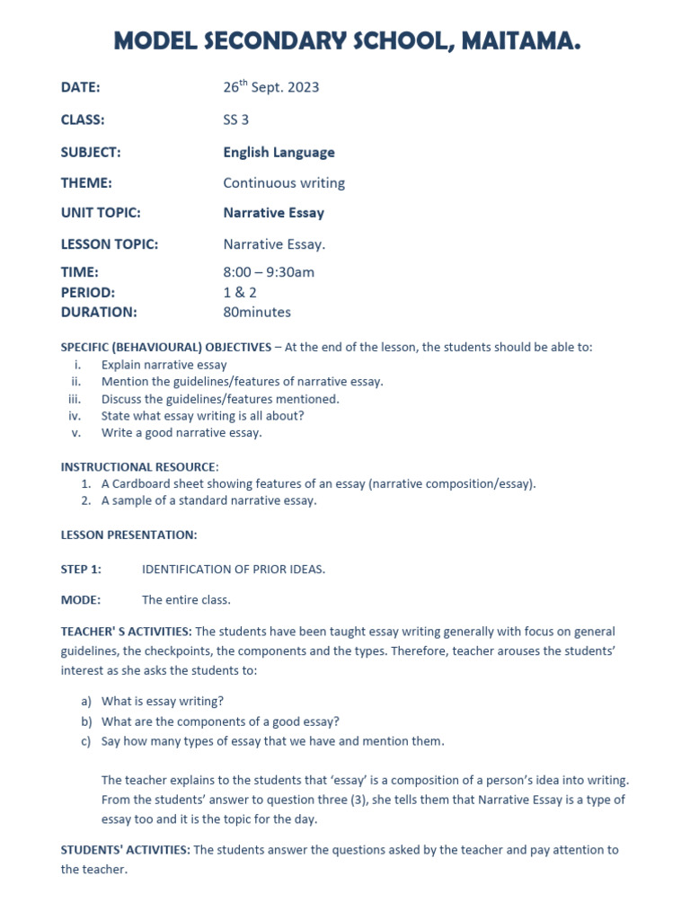 9th Lesson Continuous Writing Narative Essay | PDF | Essays | Narrative