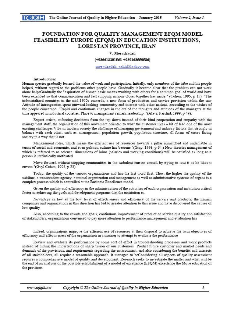 FOUNDATION FOR QUALITY MANAGEMENT EFQM MODEL FEASIBILITY EUROPE (EFQM ...