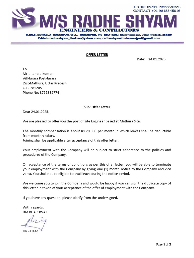 Offer Letter Mr. Jitendra | PDF