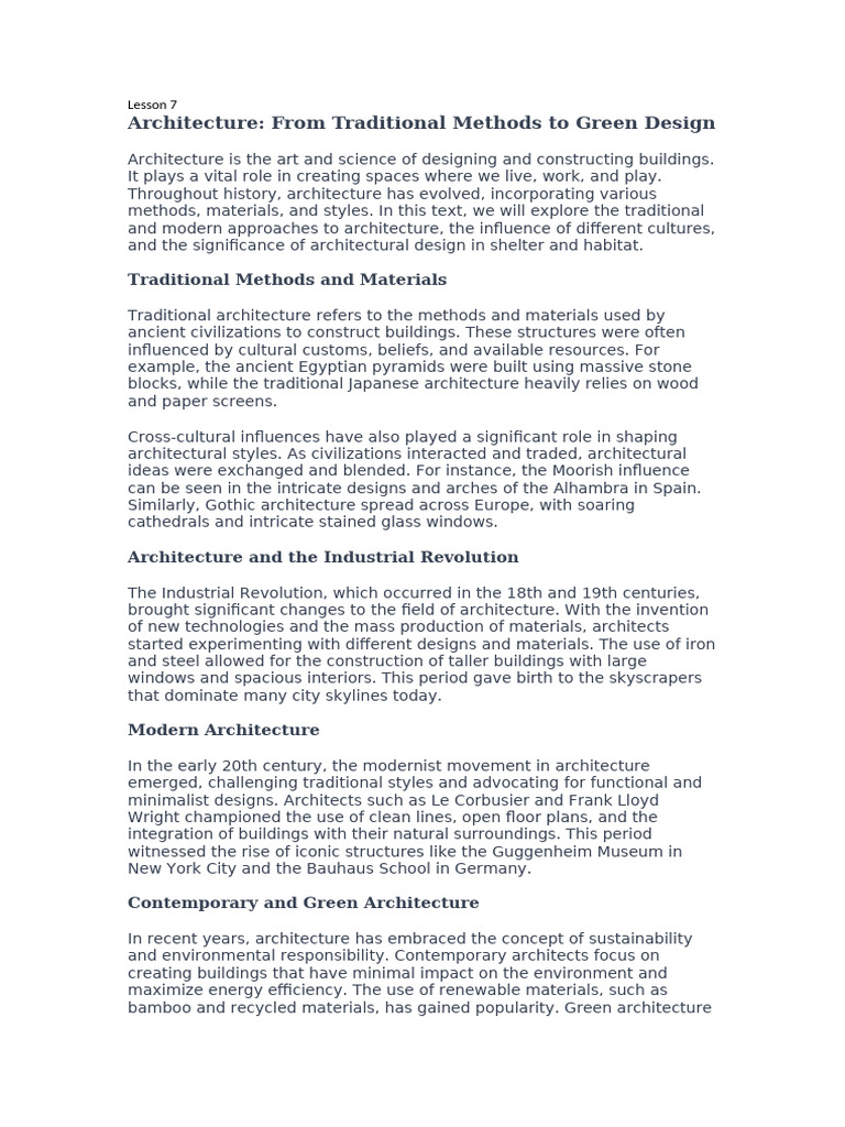 Lesson 7 Architecture From Traditional Methods To Green Design | PDF ...