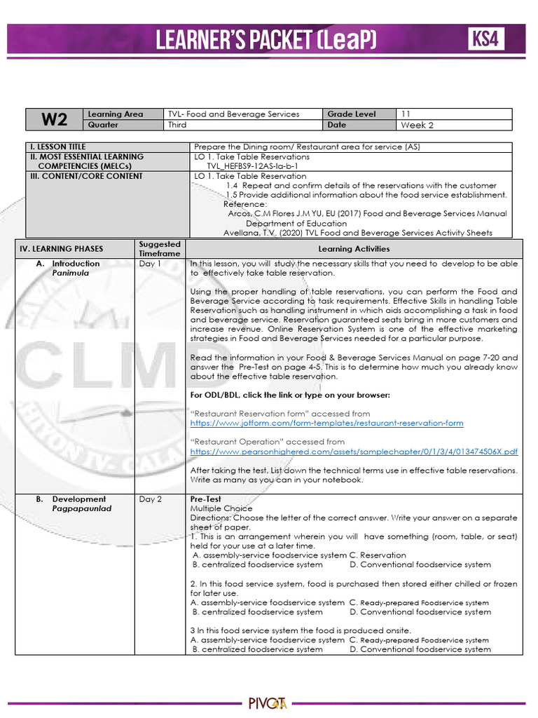 FBS Week 2 Grade 11 Leap | PDF | Foodservice | Learning