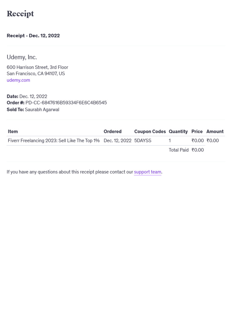 Udemy Receipt for Fiverr Course | PDF