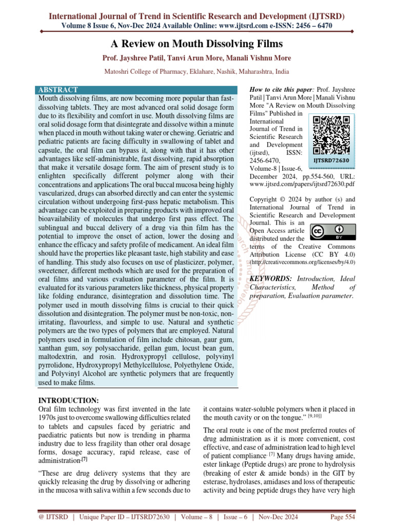 A Review On Mouth Dissolving Films | PDF | Topical Medication | Tablet ...