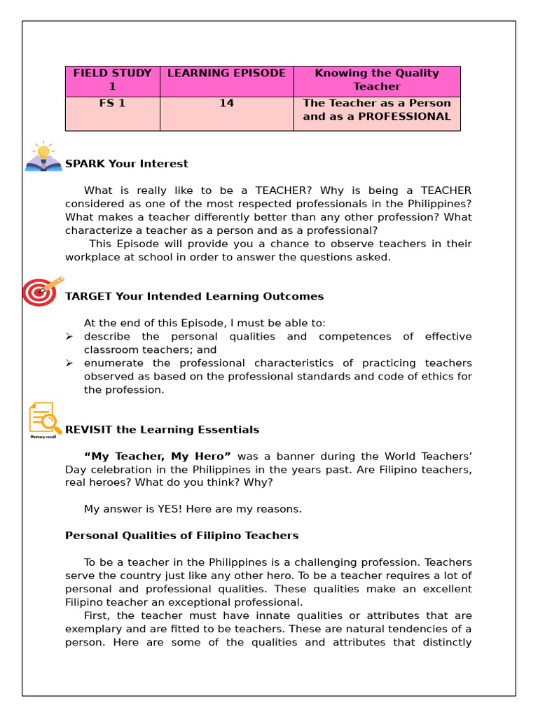 FS1-LE-14 | PDF | Teachers | Curriculum