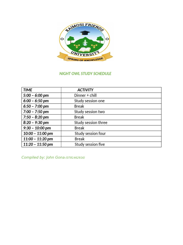 Night Owl Study Schedule | PDF