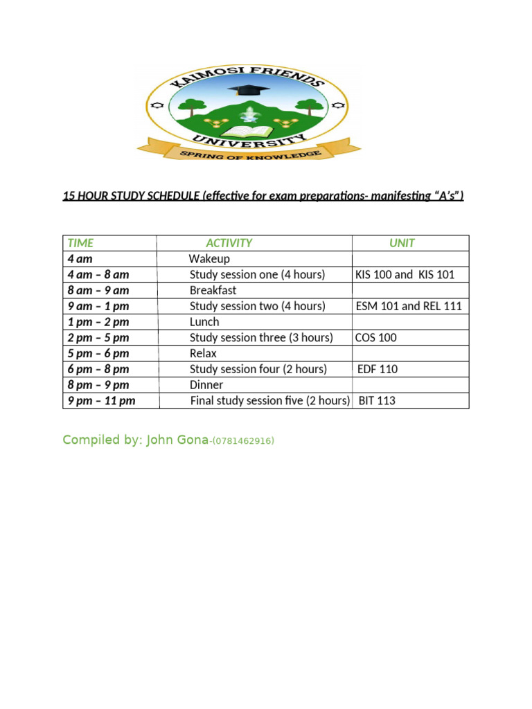15 Hour Study Schedule (Study Time Table For 1ST Year Kiswahili ...