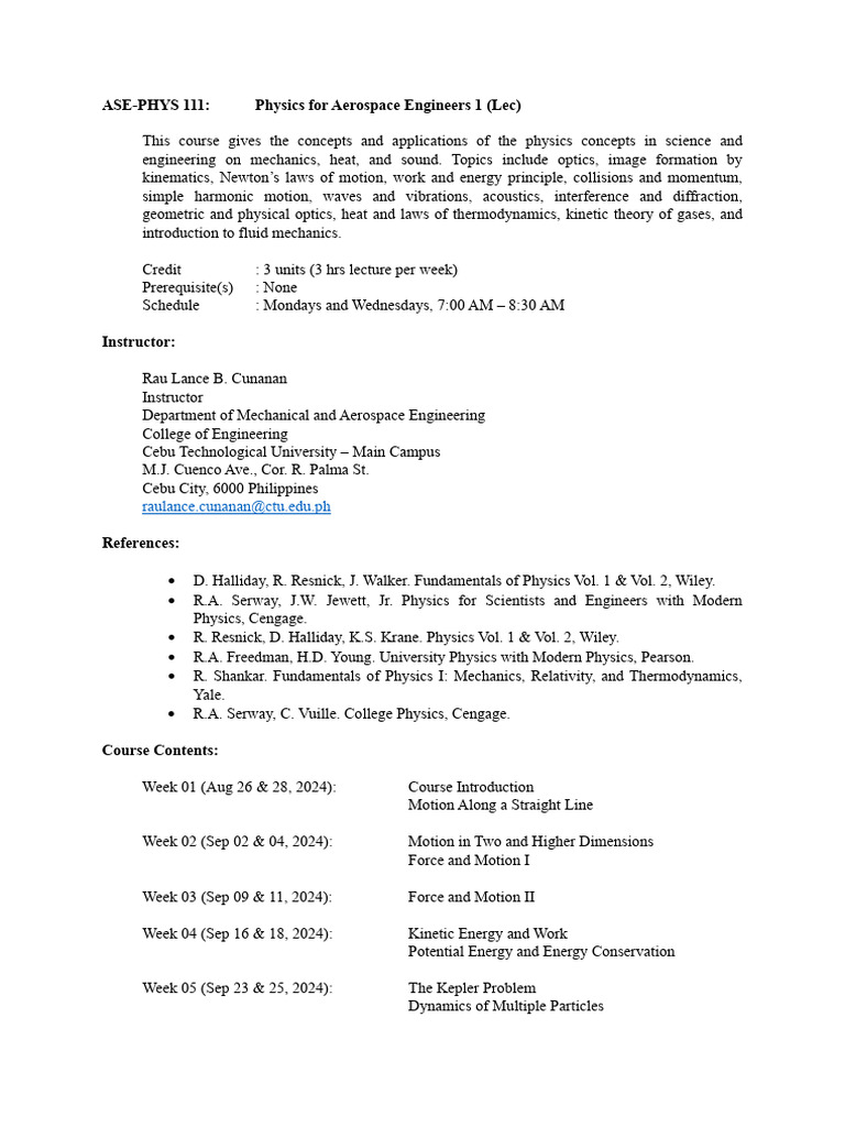 ASE-PHYS 111 (LEC) Syllabus Draft v2 | PDF | Classical Mechanics | Continuum Mechanics