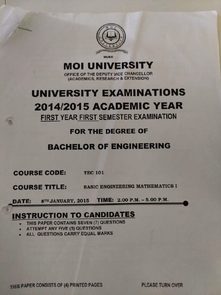 Basic Engineering Mathematics I - TEC 101 - 1637403380 | PDF