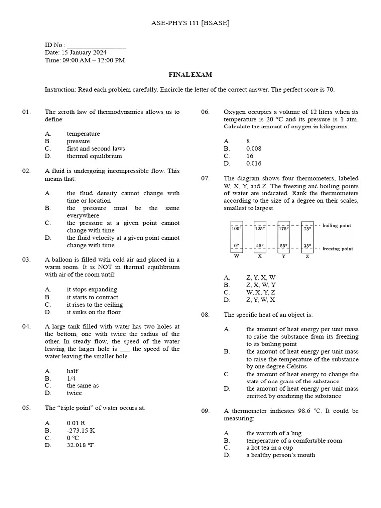 ASE-PHYS 111 Final Exam Questions | PDF | Gases | Pressure