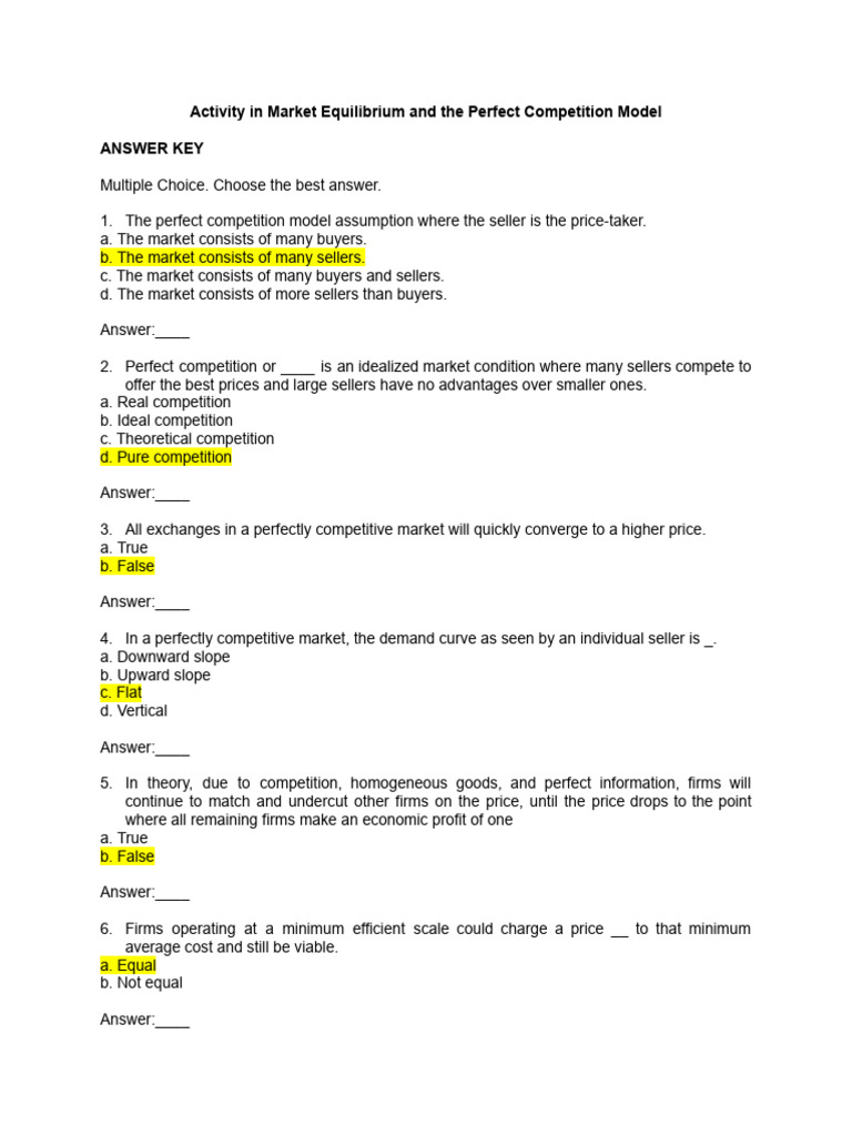 Market Equilibrium and The Perfect Competition Model Activity | PDF ...