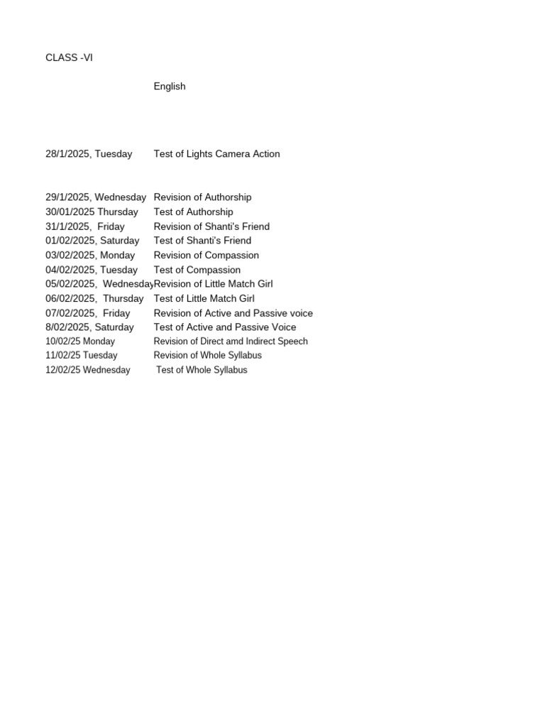 Class VI Term II Exam Revision Schedule | PDF