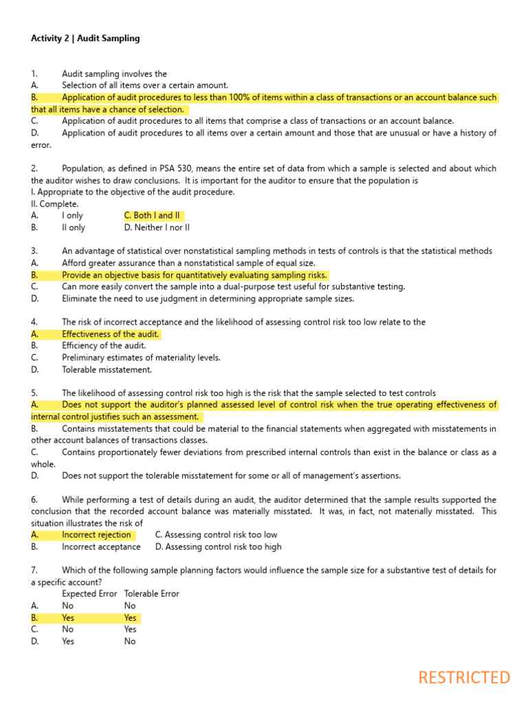 AudTheo - Audit Sampling Test Bank W/ Answers | PDF | Audit | Sampling ...