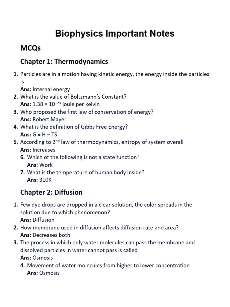 Biophysics Study Guide and Quiz | PDF | Osmosis | Chromatography