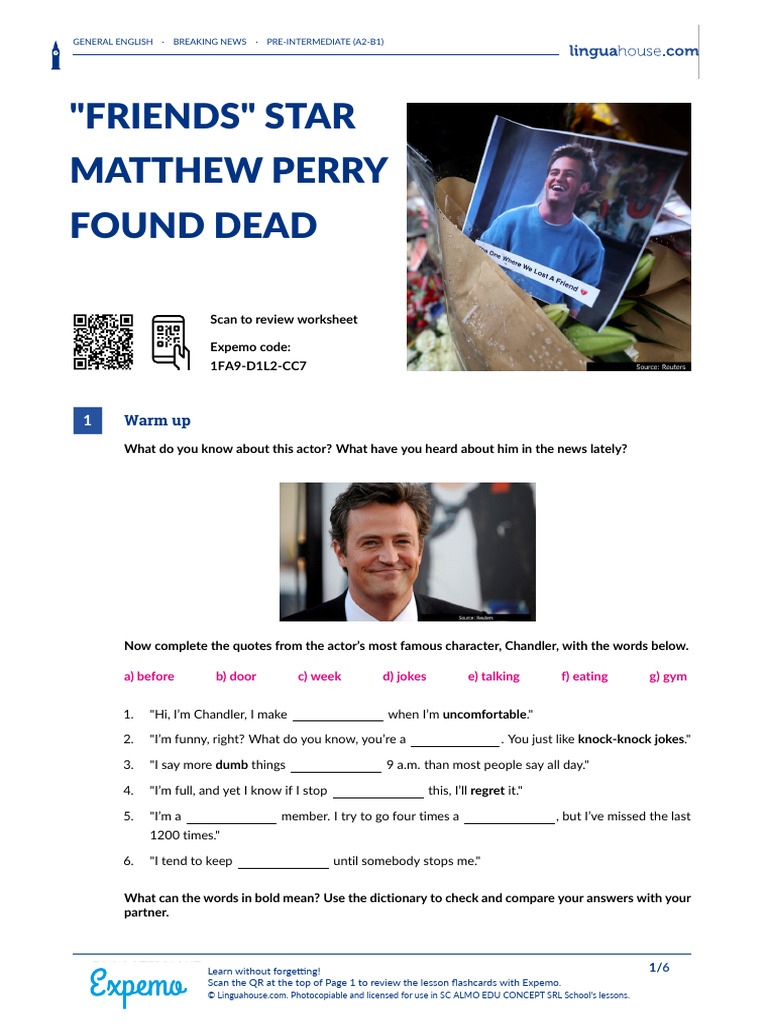 Friends Star Matthew Perry Found Dead British English Teacher A2 B1 ...
