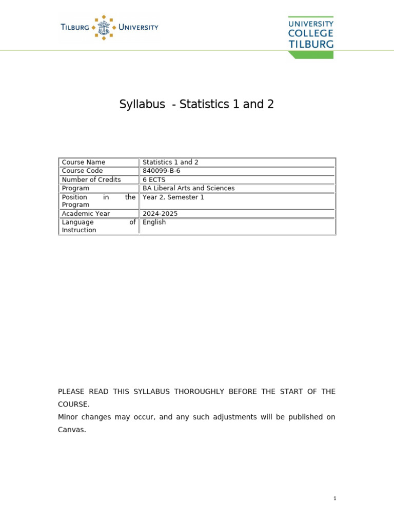 Statistics 1 and 2 Course Syllabus | PDF