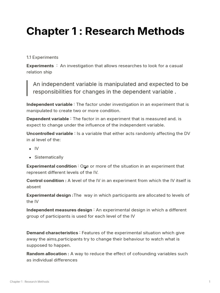 chapter 1 Research Methods | PDF | Experiment | Self Report Study