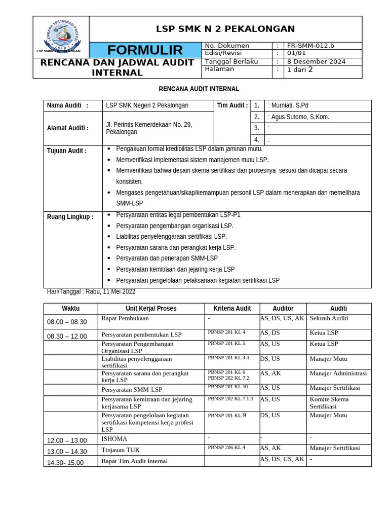 Rencana Audit Internal LSP SMK 2 Pekalongan | PDF