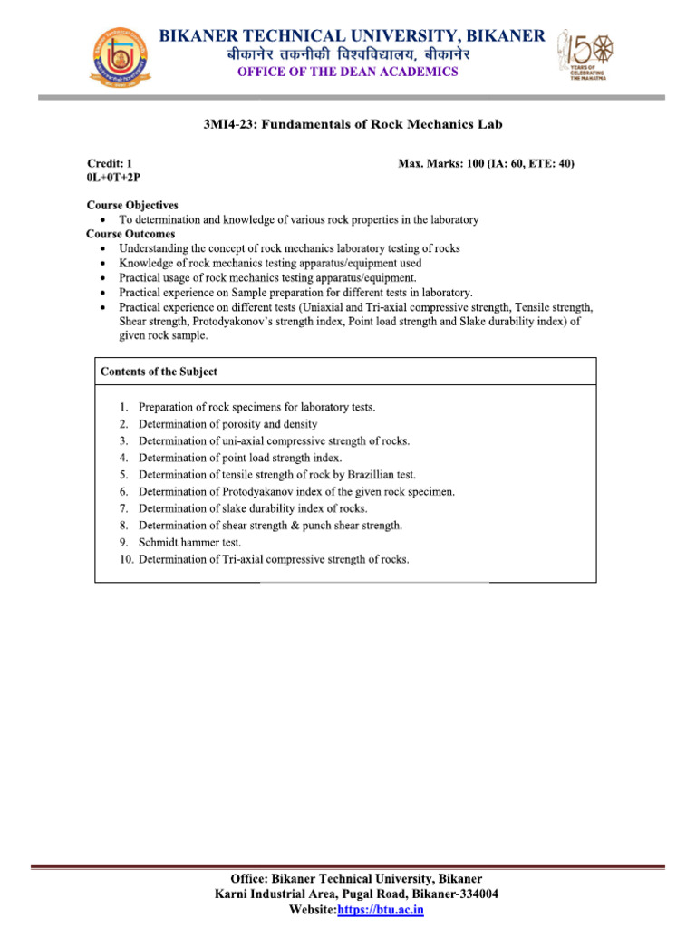 3MI4-23 Fundamentals of Rock Mechanics (Lab Manual) | PDF
