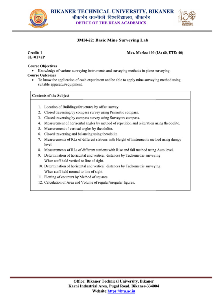 3MI4-22 Basic Mine Surveying (Lab Manual) | PDF