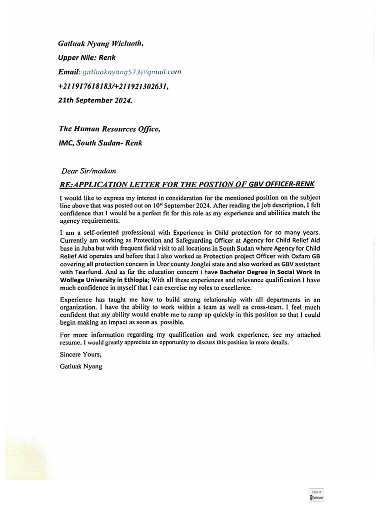 Application Letter For The Position of GBV Officer-Renk | PDF