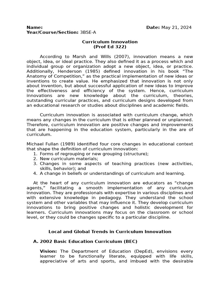 Curriculum Innovation | PDF | Curriculum | Educational Assessment