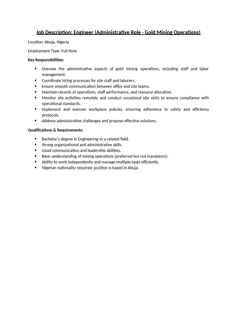 JD - Engineer - Administrative Role | PDF