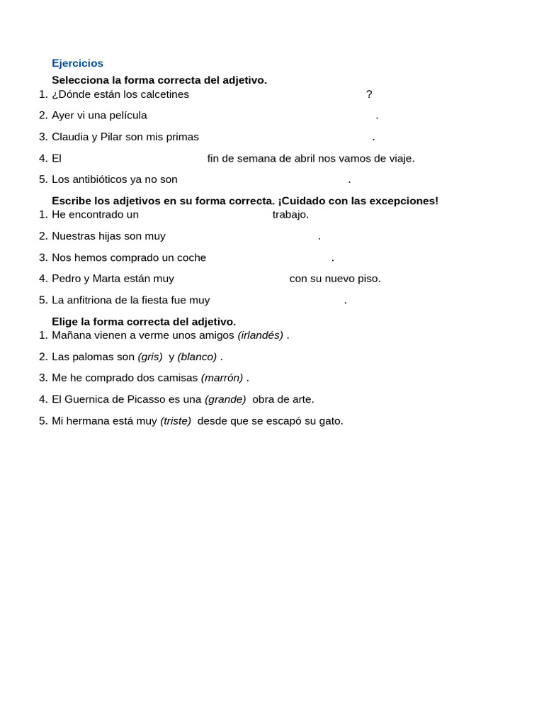 Ejercicios de Adjetivos en Español | PDF