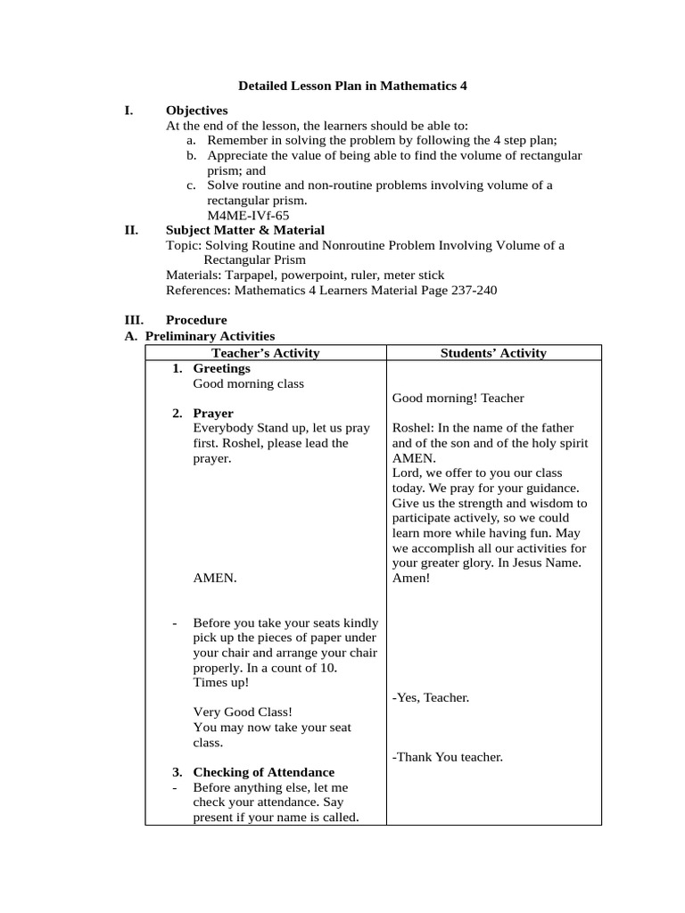 Detailed Lesson Plan in Mathematics 4 | PDF | Length | Volume
