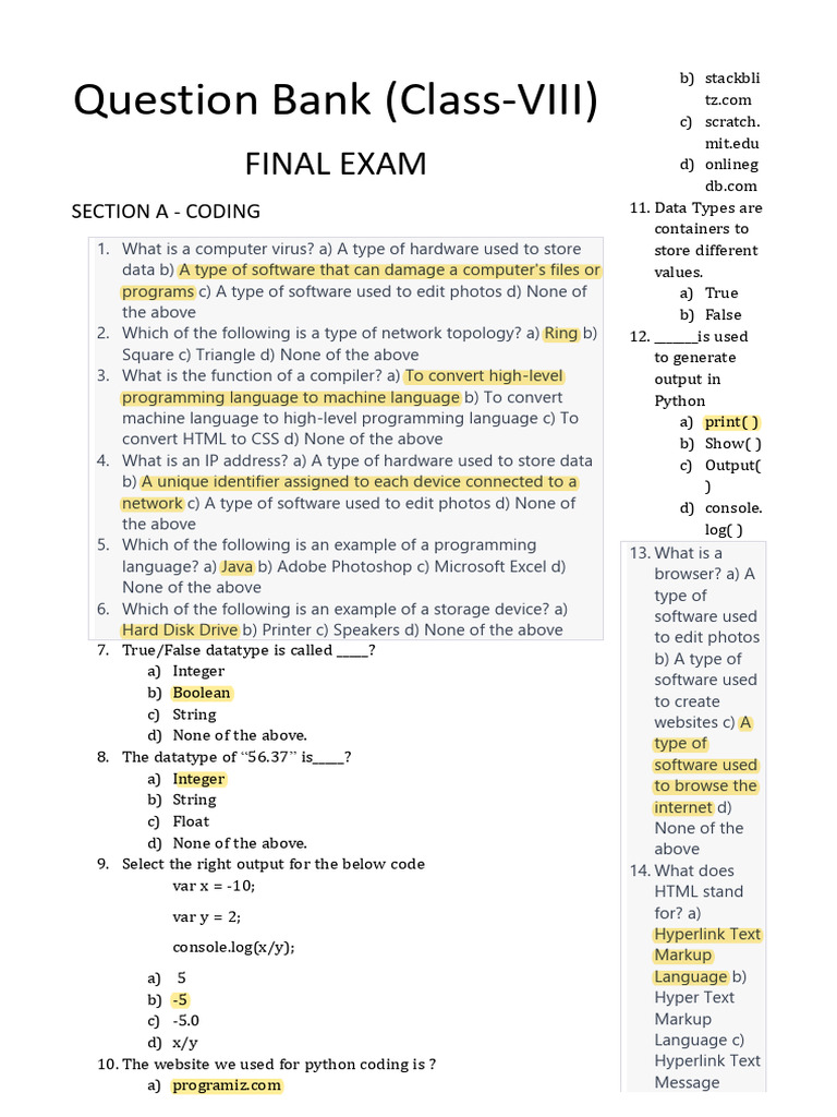 Class VIII Final Exam Question Bank | PDF | Data Type | Boolean Data Type