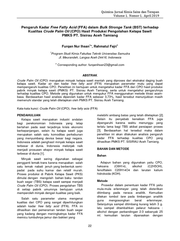 Pengaruh Kadar FFA pada Kualitas CPO | PDF