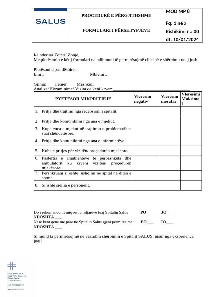 MOD MP 08 Formular I Përshtypjeve Reparti. | PDF