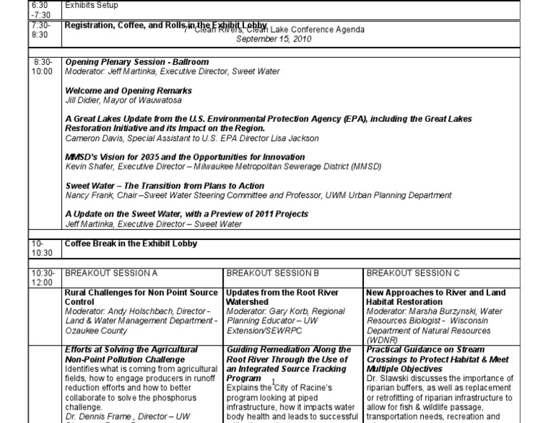 Clean Rivers, Clean Lake Conference Agenda | PDF | Science & Mathematics