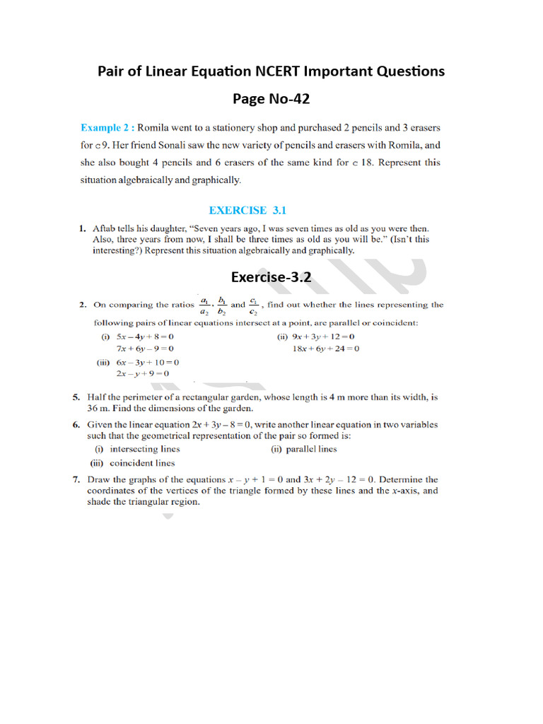 3.pair of Linear Equations NCERT Important Questions | PDF