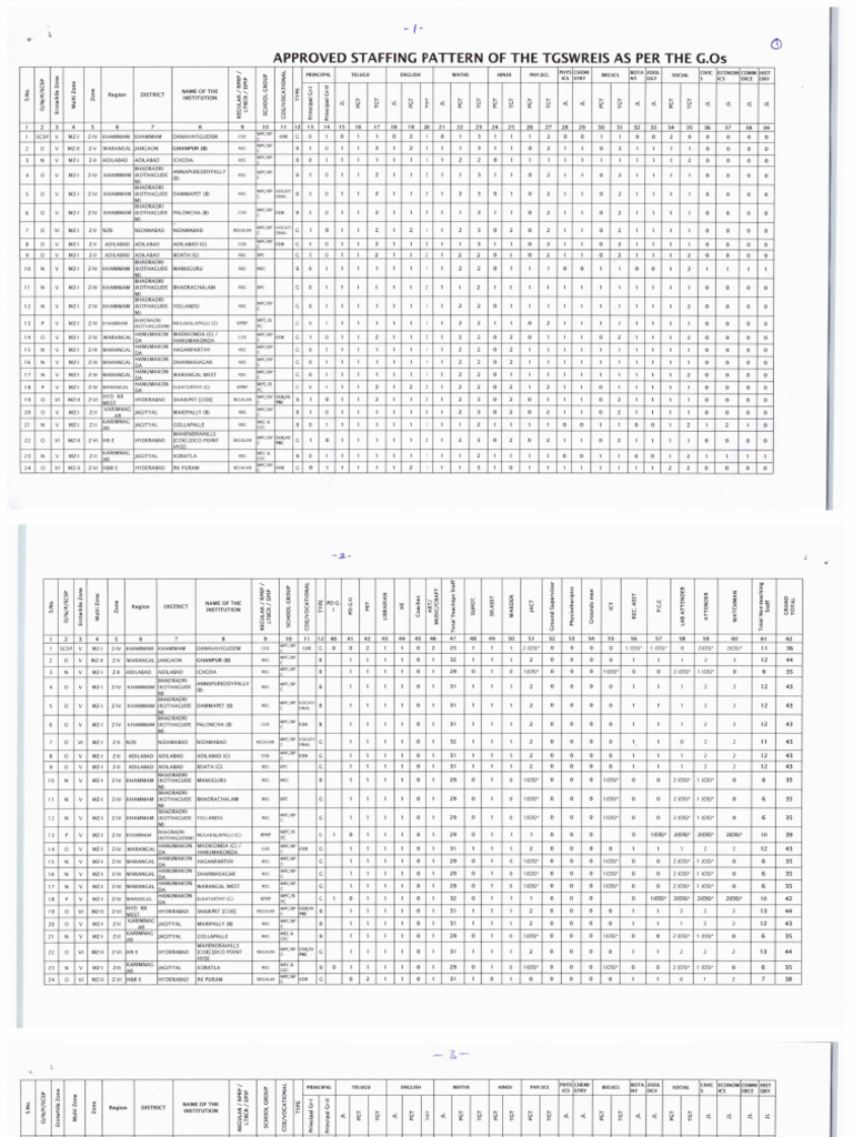 Approved Staffing Pattern of The TGSWREIS As Per The GOs | PDF