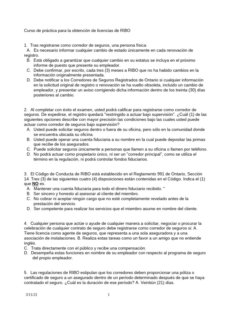 Practicar El Examen RIBO | PDF | Póliza de seguros | Seguro