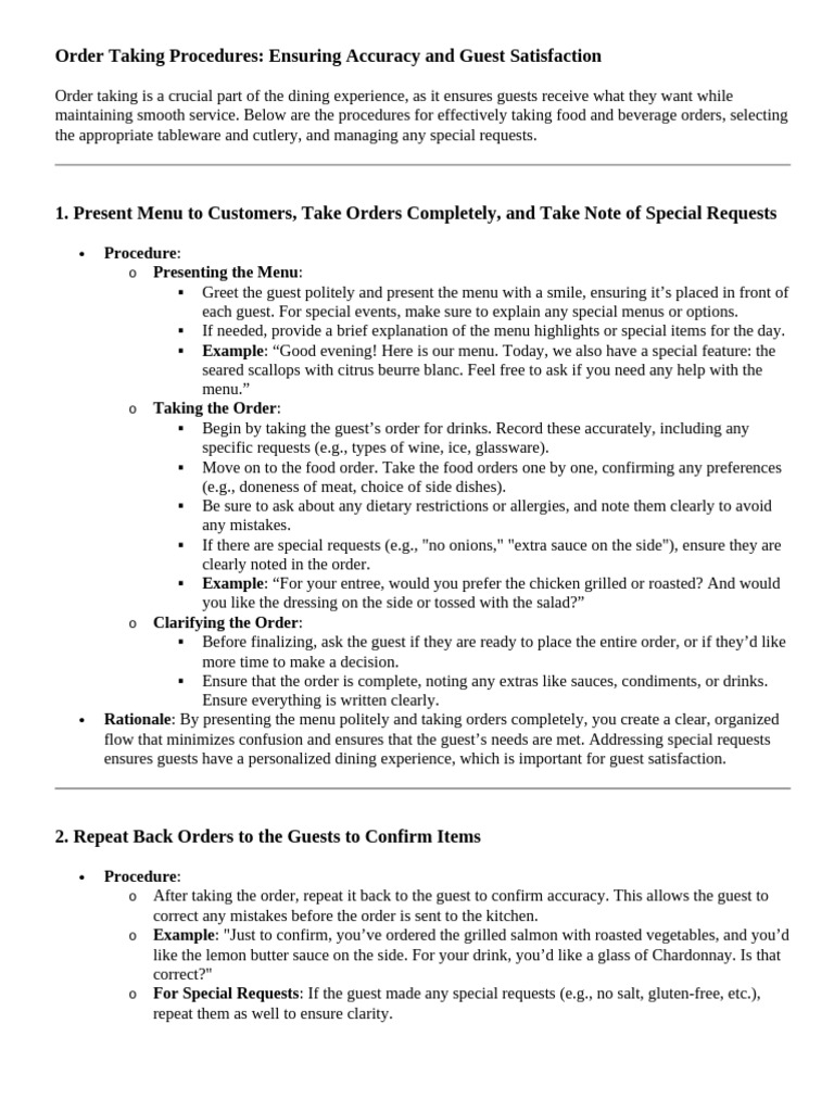 Order Taking Procedures | PDF | Tableware | Food And Drink Preparation