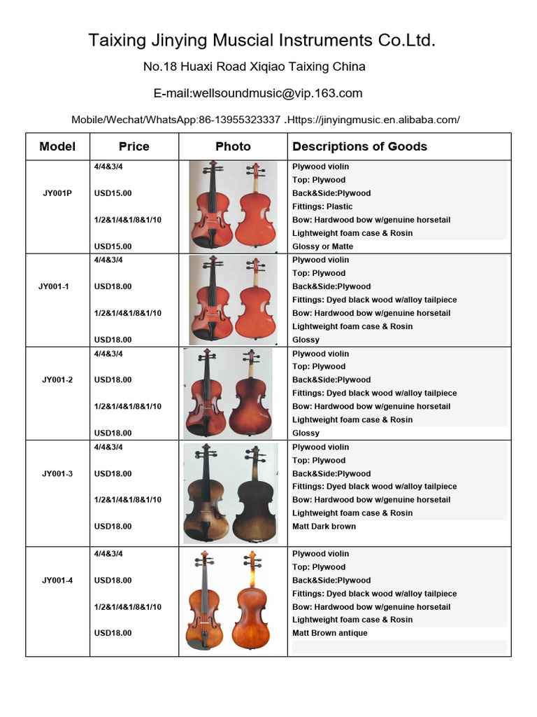 Jinying Musical Instruments Catalog | PDF | Violin | Guitars