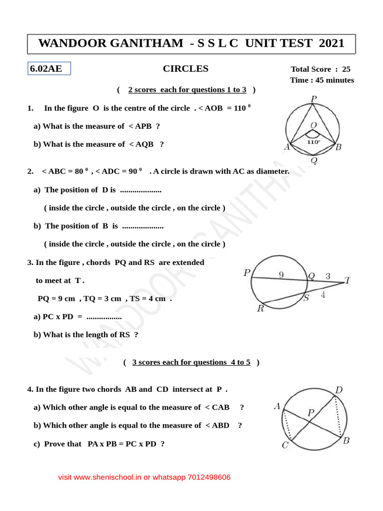 Sheniblog-Std10-Maths-Unit 2-Circles - Test A Em-Qns | PDF