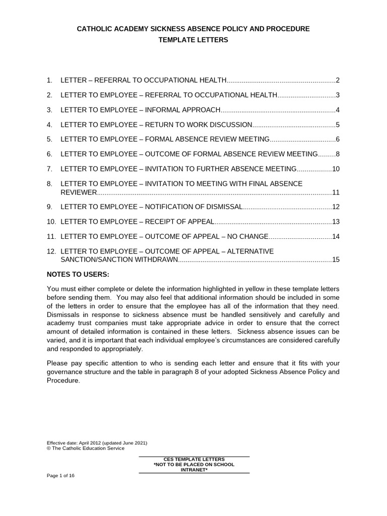 Academies-Sickness Absence-Template Letters | PDF | Employment ...