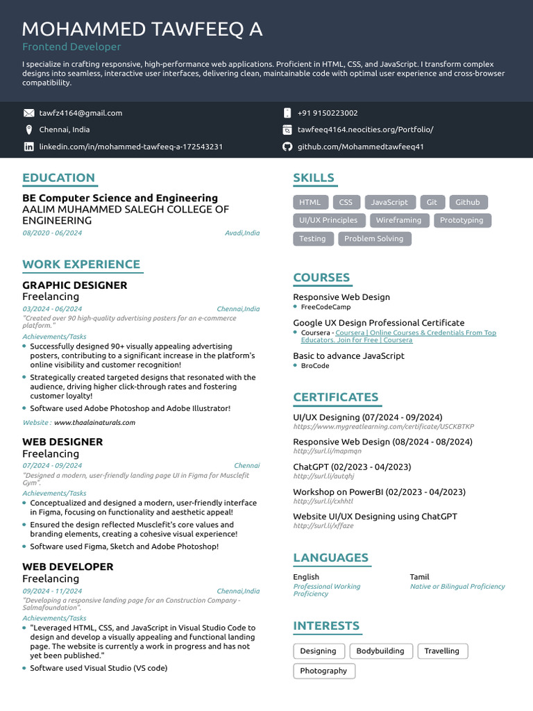 MOHAMMED TAWFEEQ Resume | PDF | Web Design | Software