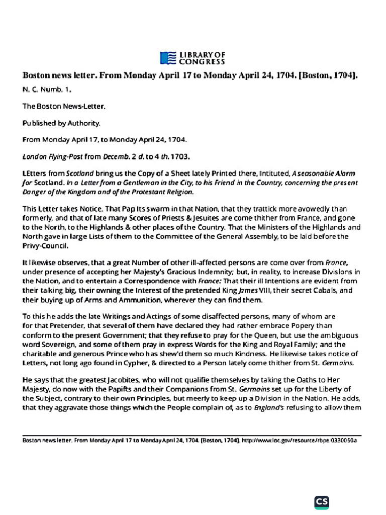 Boston News-Letter News Article | PDF