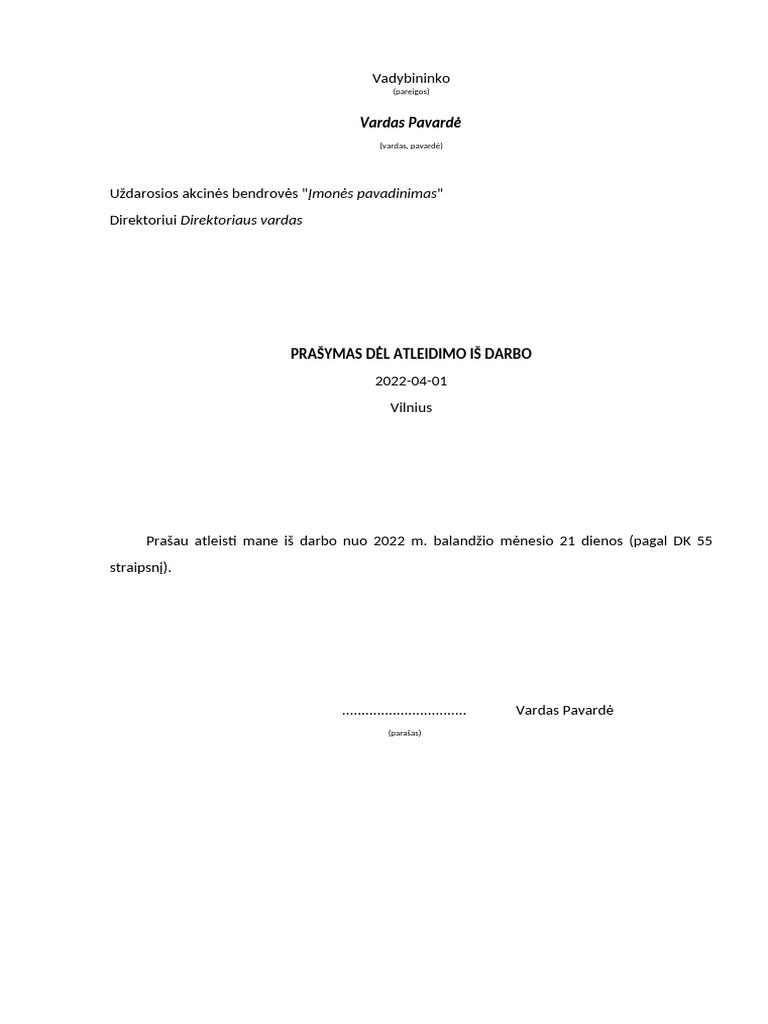 Prašymas Atleisti Iš Darbo | PDF