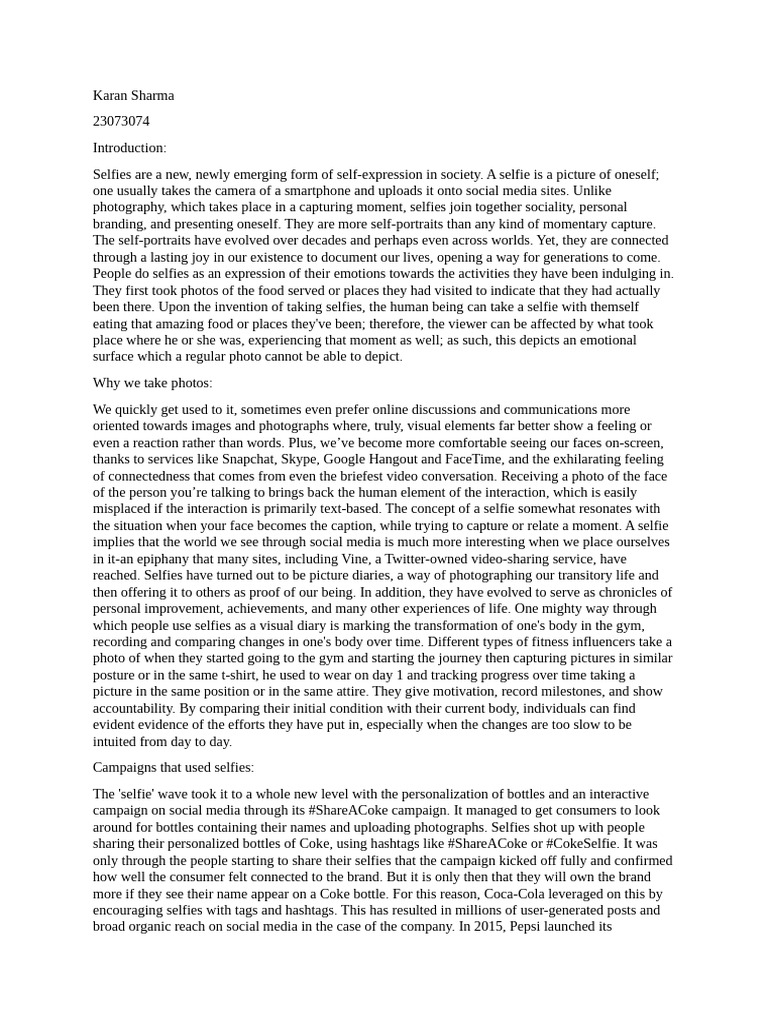 Karan Sharma Assignment 1 Selfie Essay | PDF | Selfie | Photograph