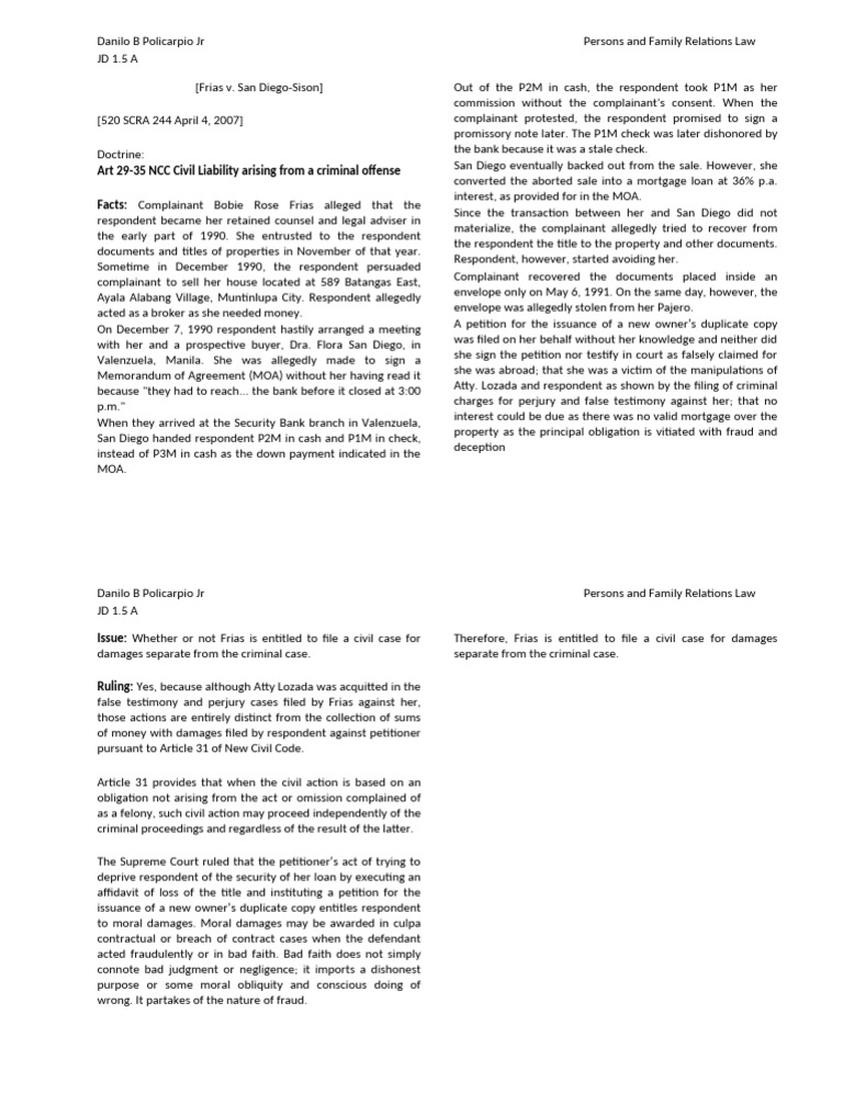 60. Frias v. San Diego-Sison 520 SCRA 244 | PDF | Perjury | Damages