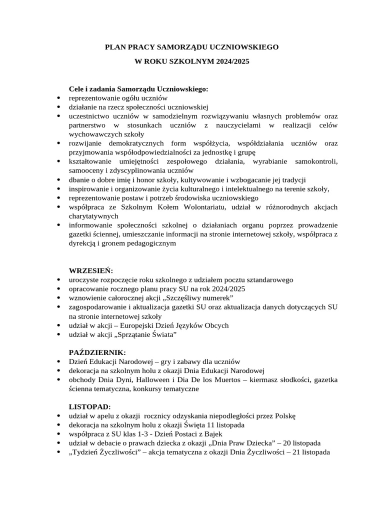 Plan Pracy Samorządu Uczniowskiego | PDF